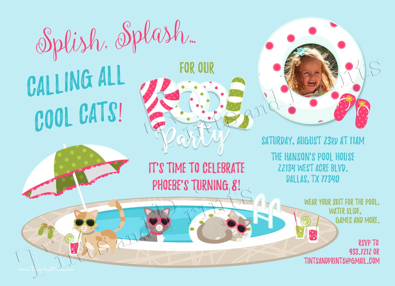 Cool Cats Pool Party Custom Birthday Party Photo Invitation Design Any ...
