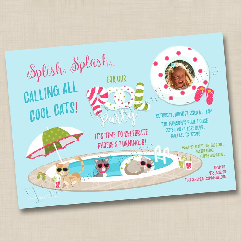 Cool Cats Pool Party Custom Birthday Party Photo Invitation Design ...