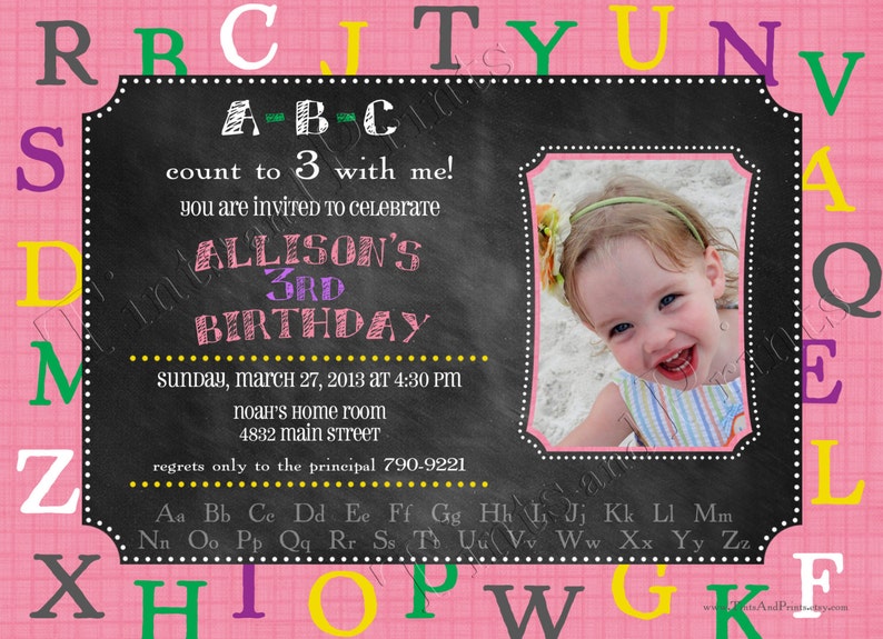 Alphabet ABC Chalkboard Custom Birthday Party Invitation or - Etsy