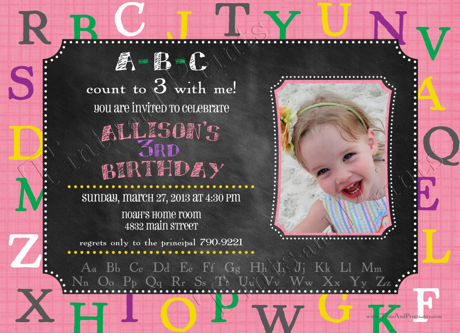 Alphabet ABC Chalkboard Custom Birthday Party Invitation or - Etsy