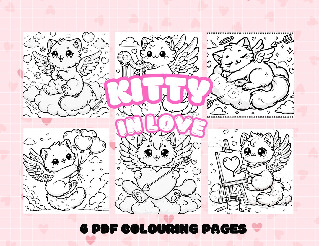 Kawaii Kitty in Love Hearts Colouring Pages - Etsy