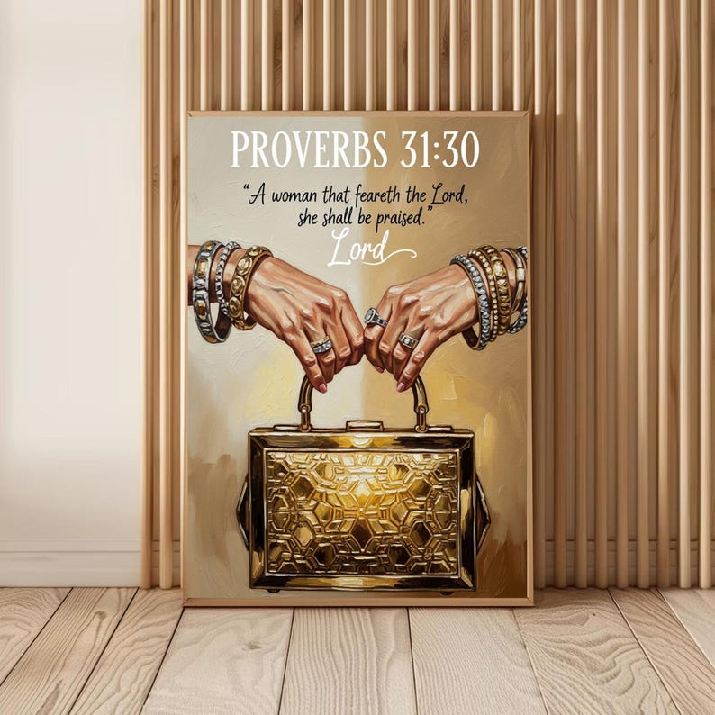 Proverbs 31:30 Christian Wall Art Gold Handbag Scripture Print Black ...