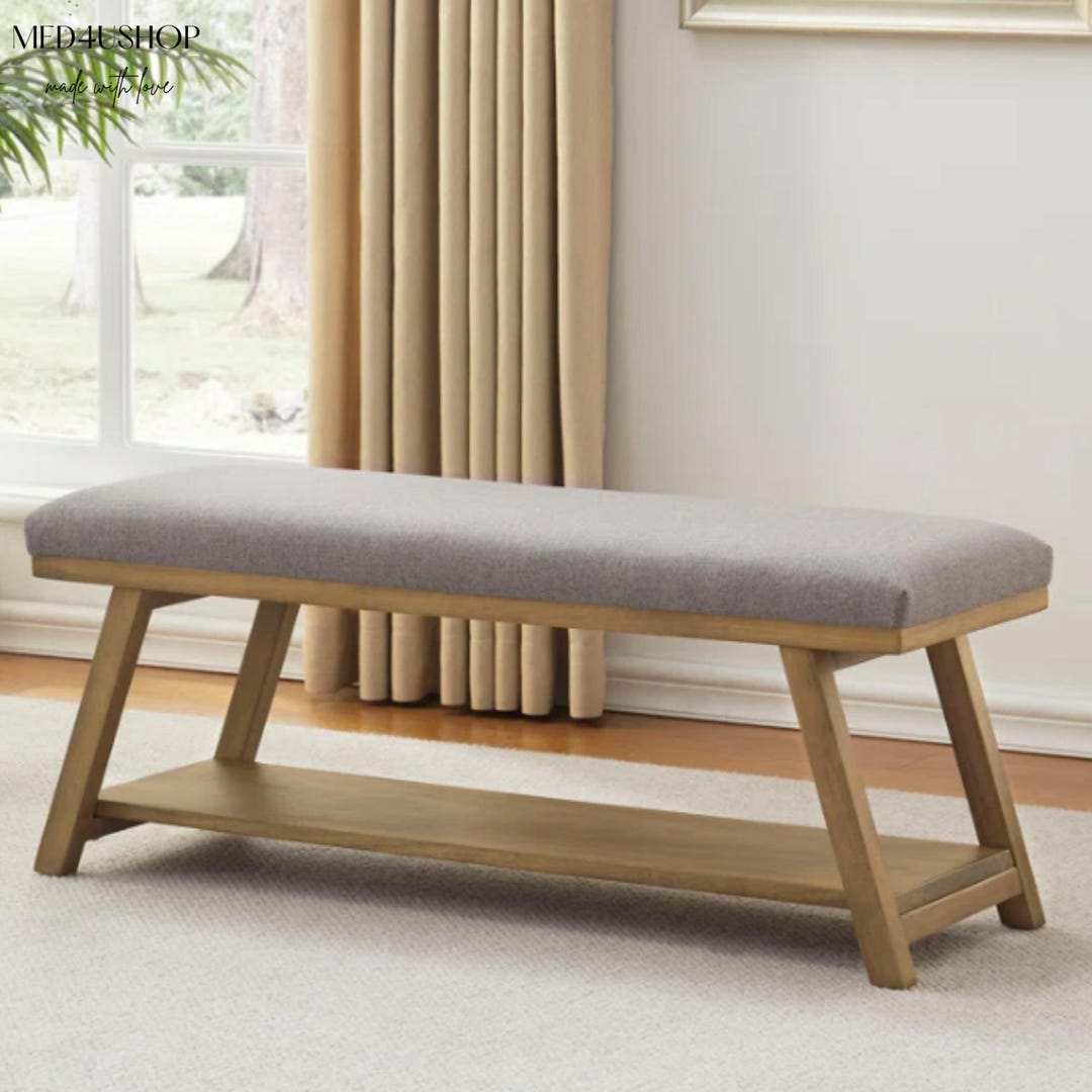 Upholstered Storage Bench With Hidden Shoe Storage – Slanted Wood Leg ...