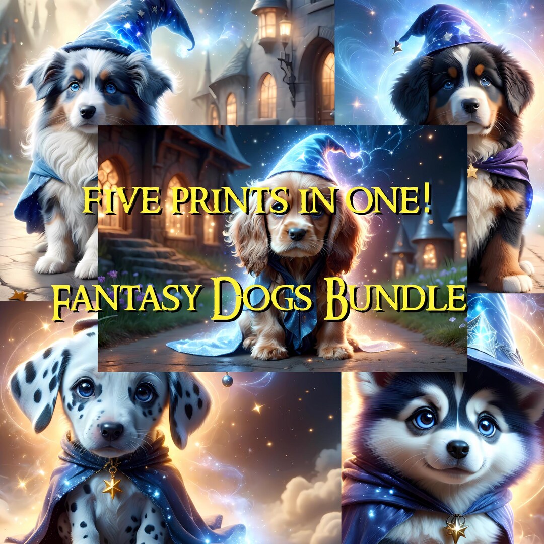 Fantasy Puppy Bundle – 5 Digital Art Prints, Massive Discount, Magical ...