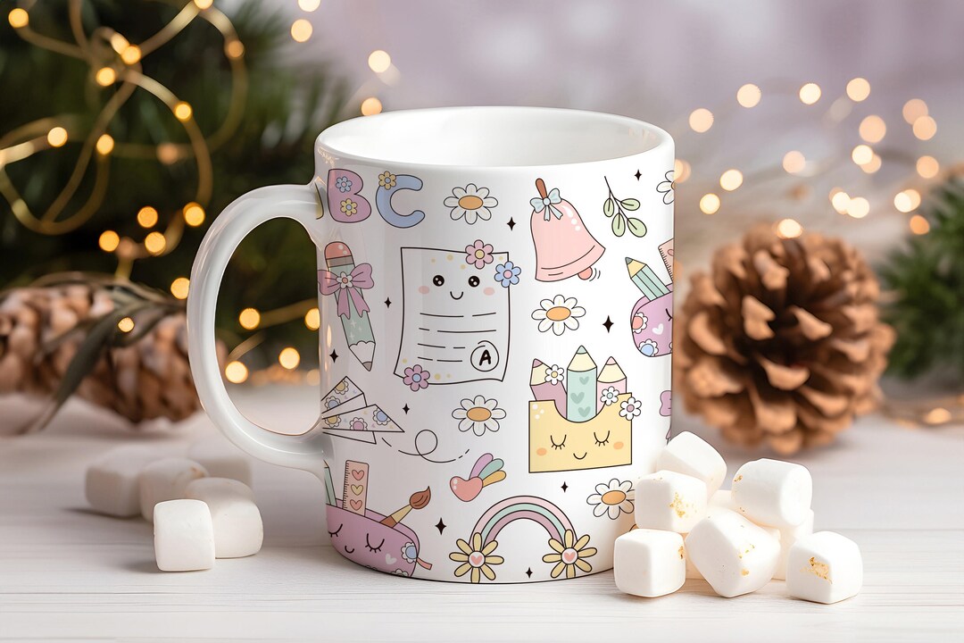 Kids School Theme Coffee Mug, Pastel Doodle Pattern With Letters and ...