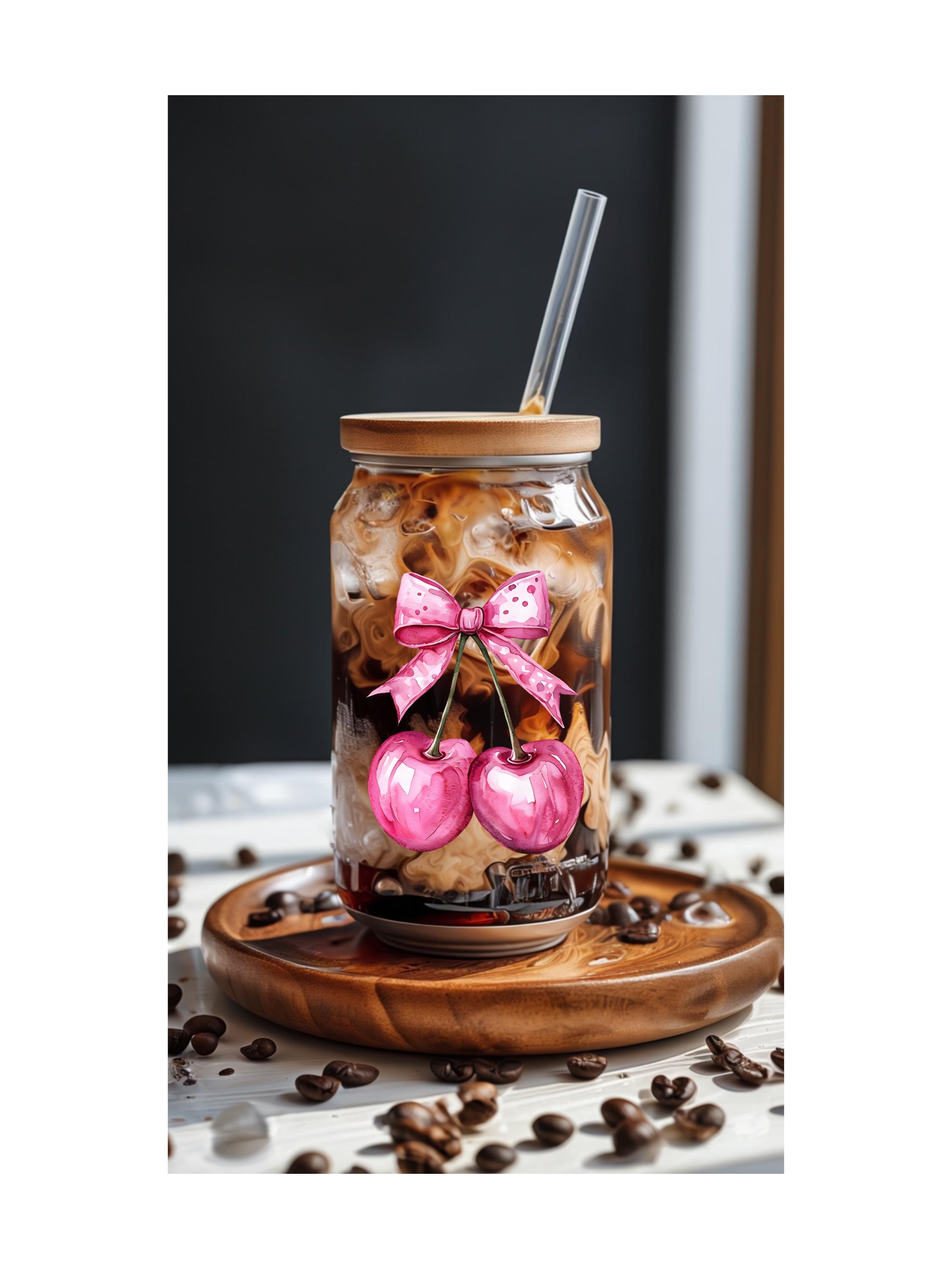 Cute Pink Cherry Sipper Glass With Bamboo Lid and Straw, Aesthetic Iced ...