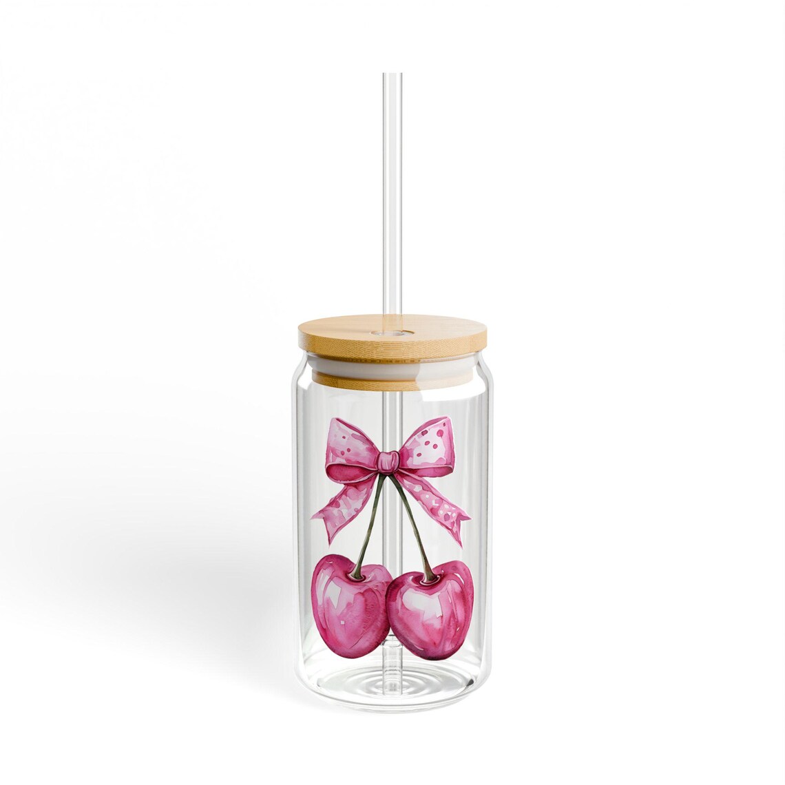 Cute Pink Cherry Sipper Glass With Bamboo Lid and Straw, Aesthetic Iced ...