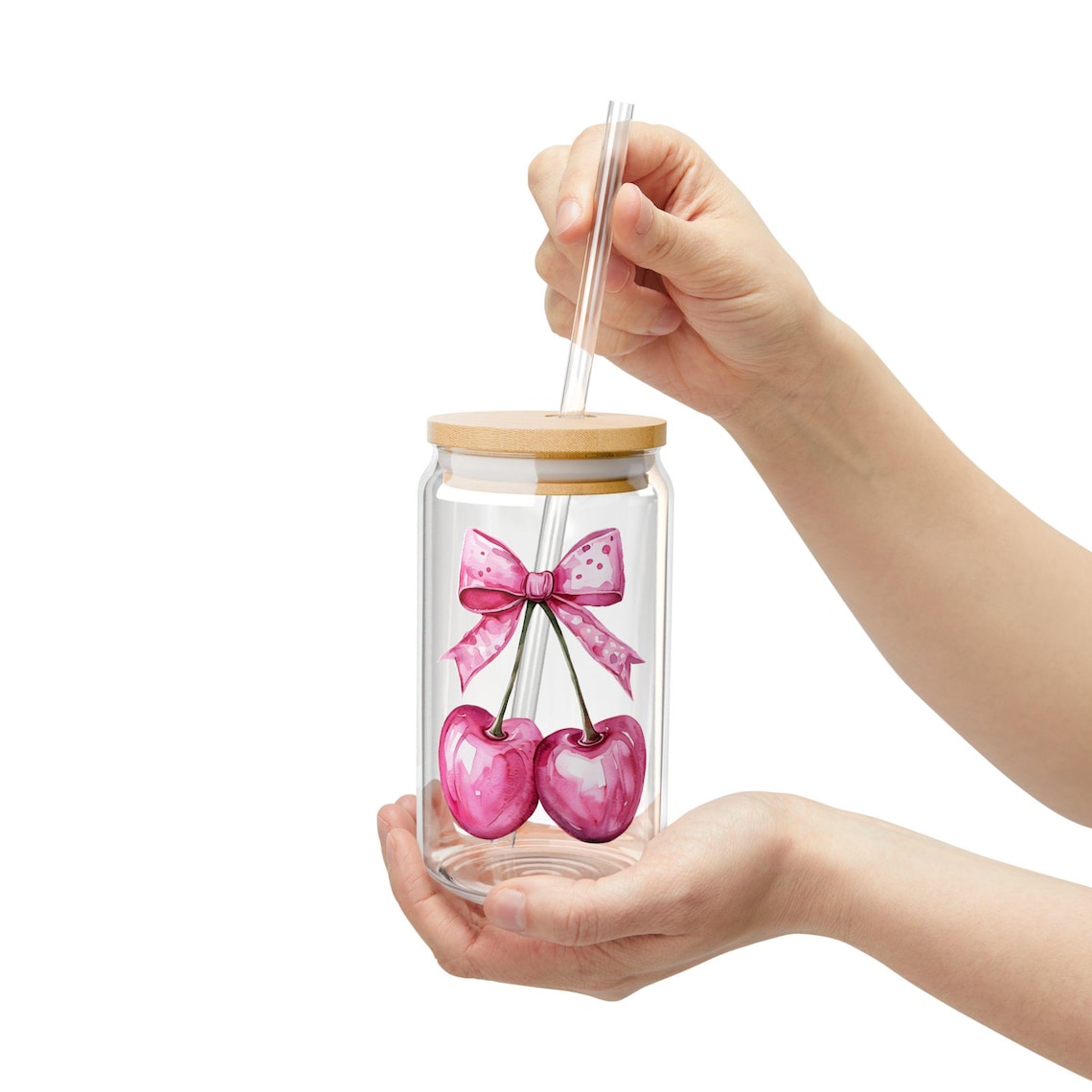 Cute Pink Cherry Sipper Glass With Bamboo Lid and Straw, Aesthetic Iced ...