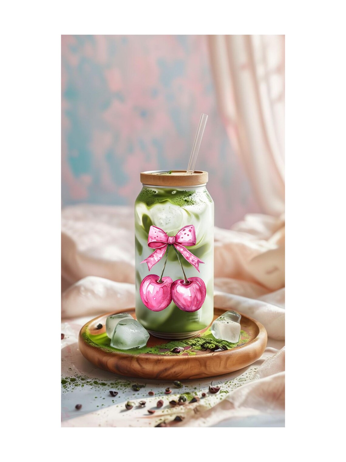 Cute Pink Cherry Sipper Glass With Bamboo Lid and Straw, Aesthetic Iced ...