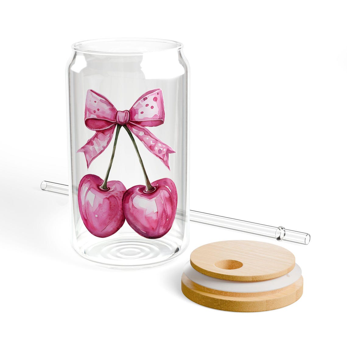 Cute Pink Cherry Sipper Glass With Bamboo Lid and Straw, Aesthetic Iced ...