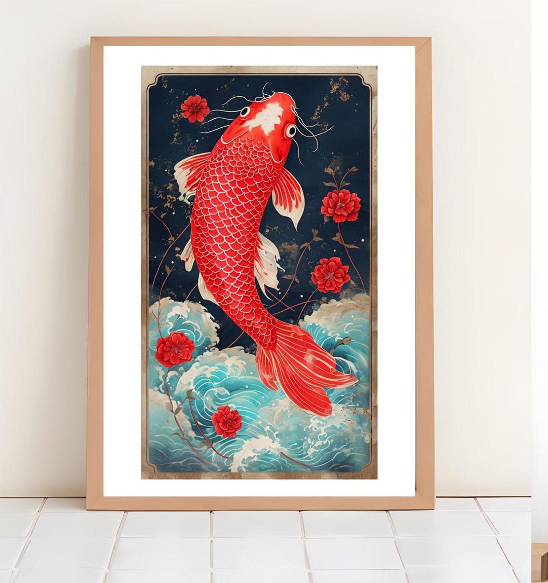 Japanese Koi Fish Digital Art Print – Elegant Red Koi & Waves ...