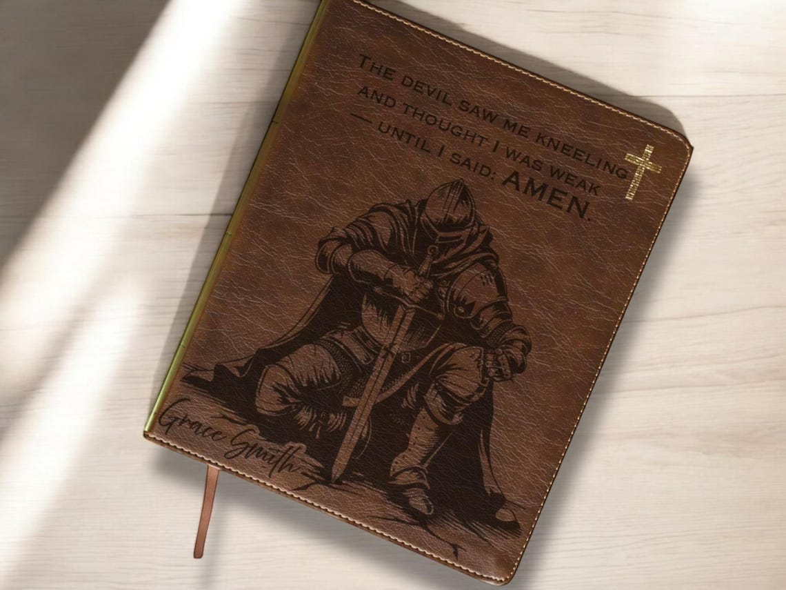 Kneeling Knight Journal Bible – Custom Engraved Holy Bible With Quote ...