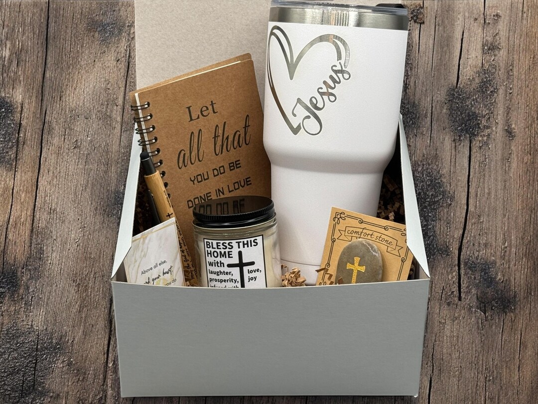 Christian Gift Box - White Jesus Tumbler, Faith Candle, Comfort Stone ...
