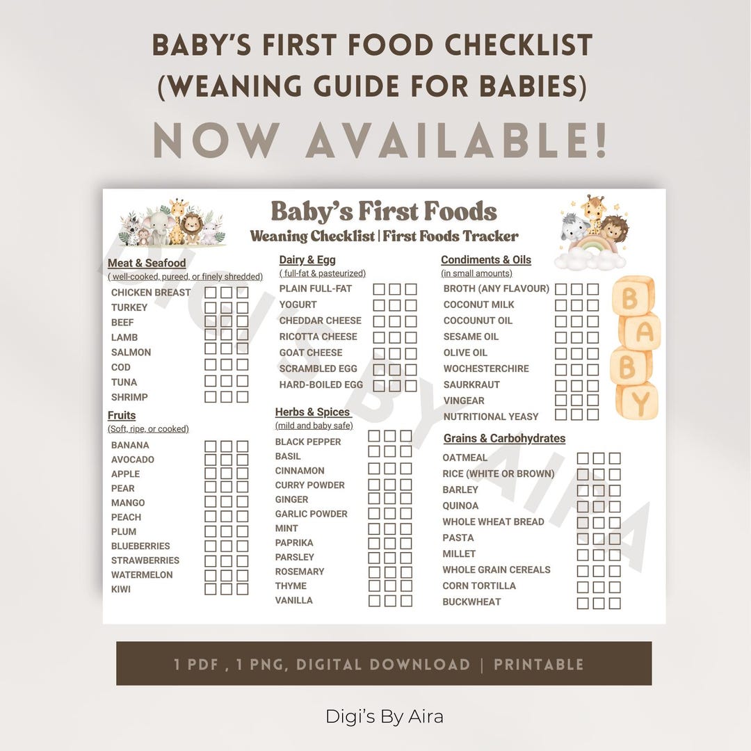 Baby Weaning Checklist First Foods Tracker Printable Digital Food ...
