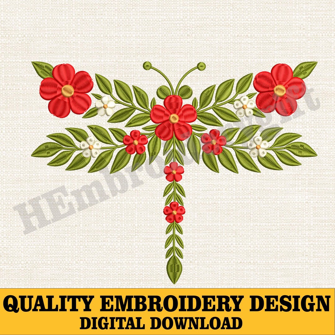 Floral Dragonfly Embroidery Design, Insect Nature Stitch File,red ...