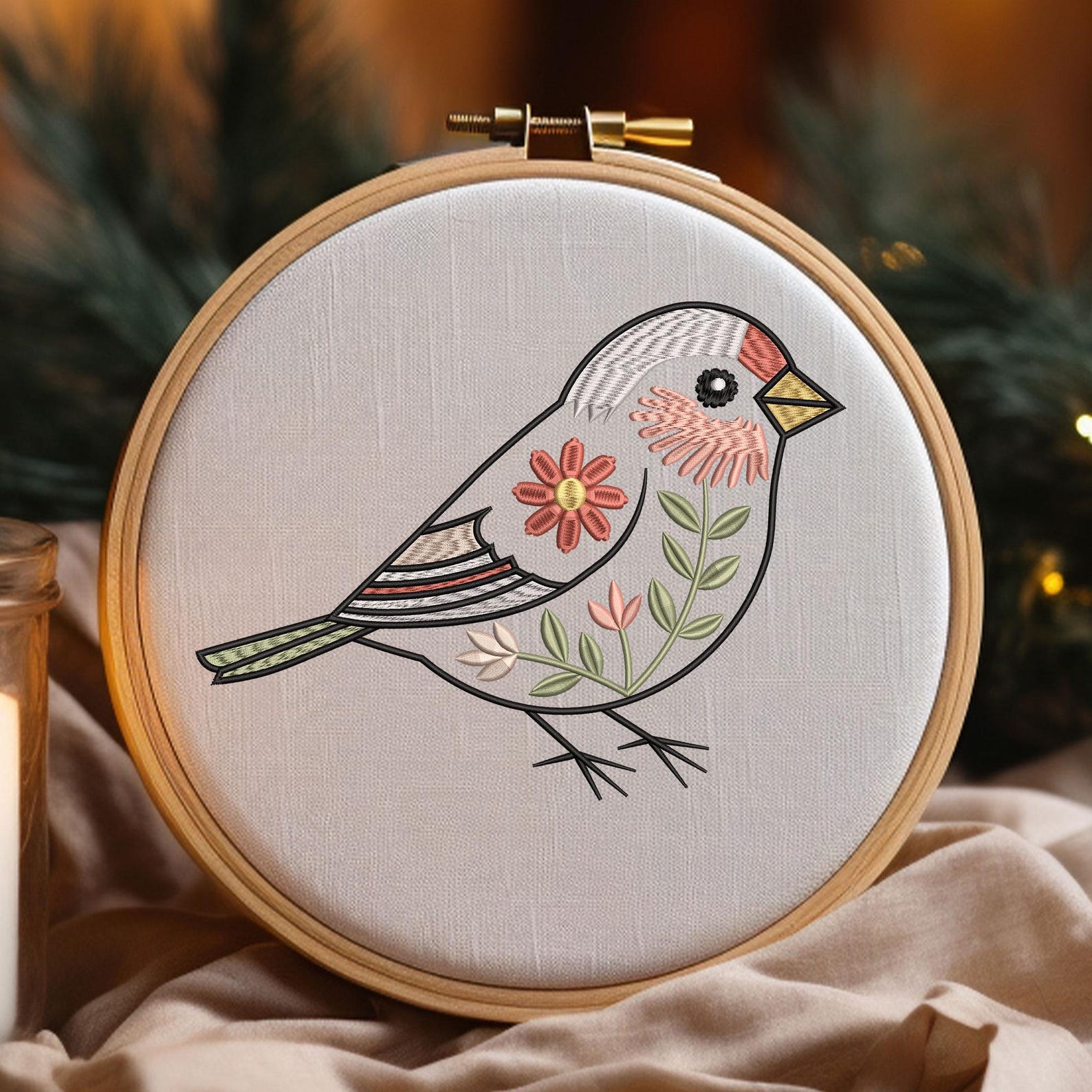 Floral Finch Embroidery Design, Botanical Bird Embroidery File ...