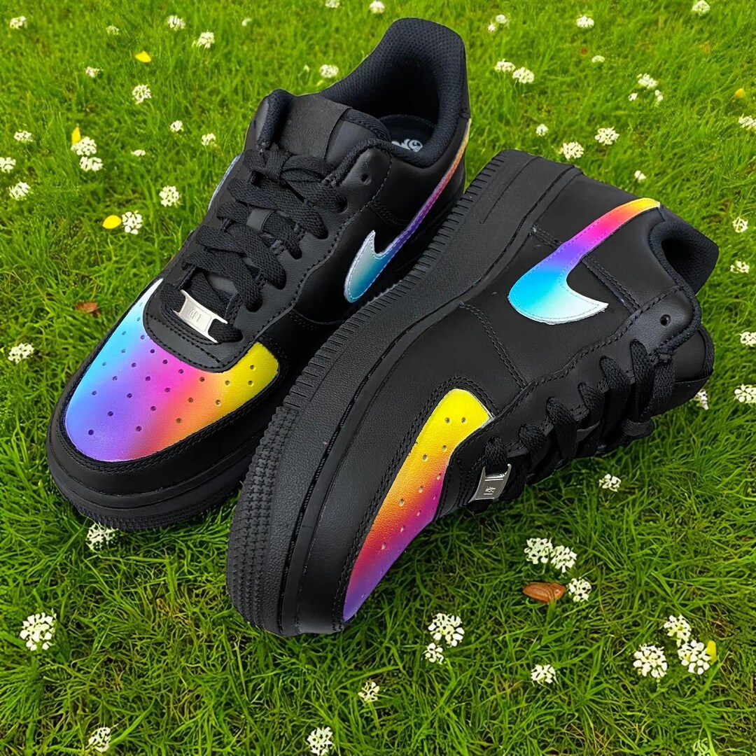 Custom AF1 Black Rainbow Gradient Sneakers, Iridescent Hand Painted AF1 ...