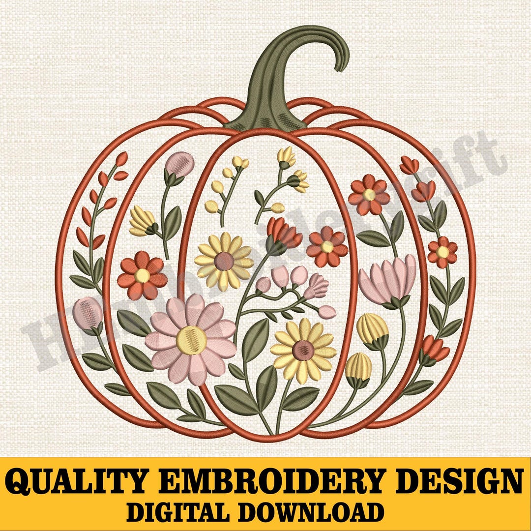 Floral Pumpkin Embroidery Design, Fall Embroidery Design, Autumn Vibes ...