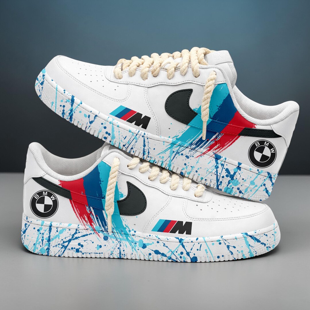 BMW M Style Custom Af1 Sneakers, White Blue Red Paint Splatter Shoes ...