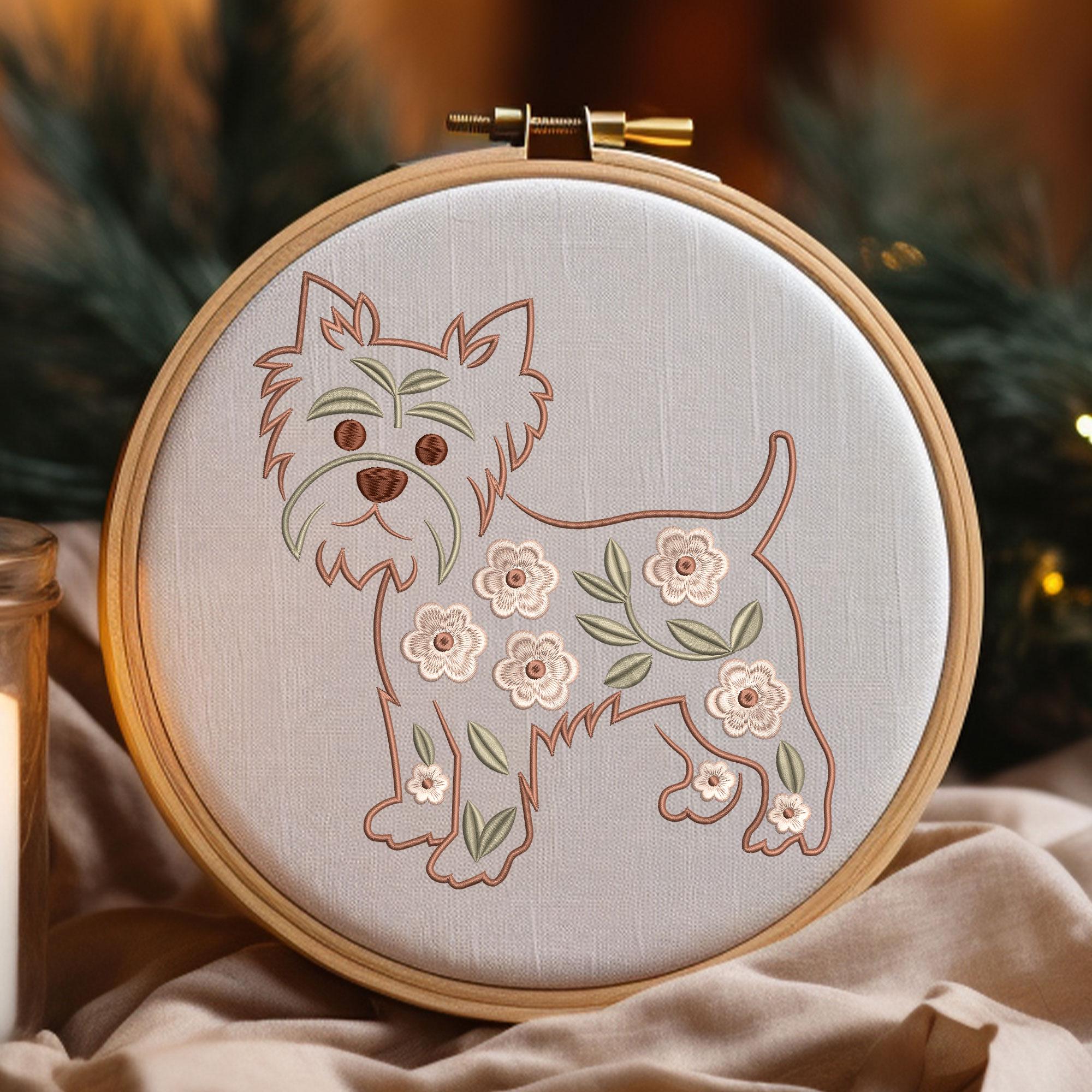 Floral Yorkie Embroidery Design, Cute Terrier Dog Stitch File, Floral ...