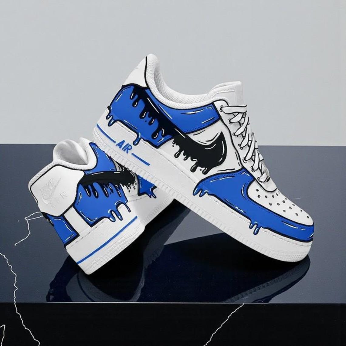 Hand Painted Blue Drip Cartoon AF1 Custom Sneakers, Blue Black Drip ...