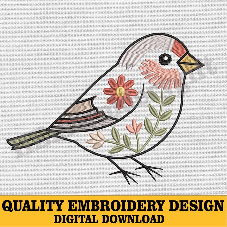 Floral Finch Embroidery Design, Botanical Bird Embroidery File ...