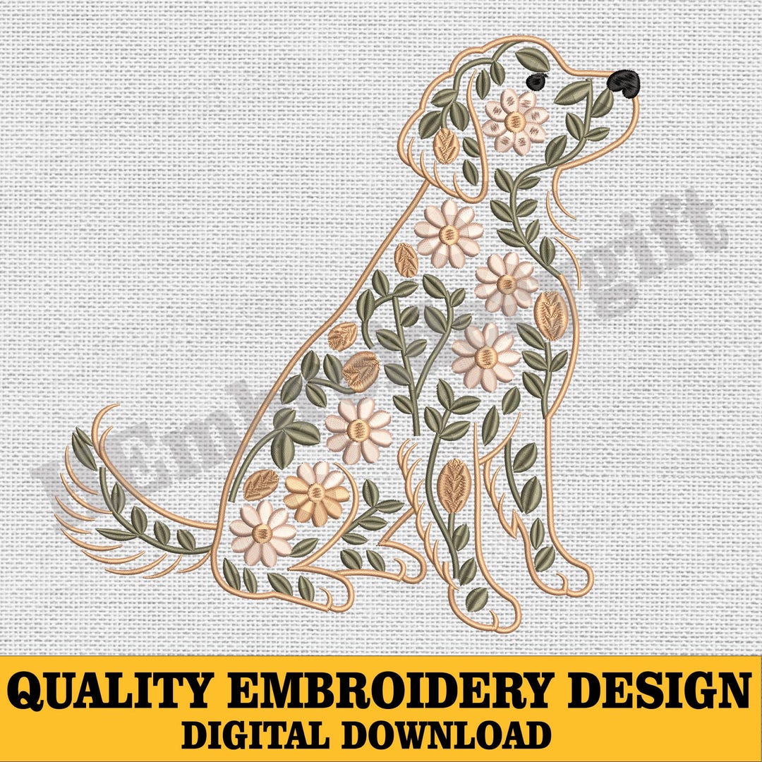 Floral Dog Embroidery Design, Vintage Botanical Dog Embroidery,sitting ...
