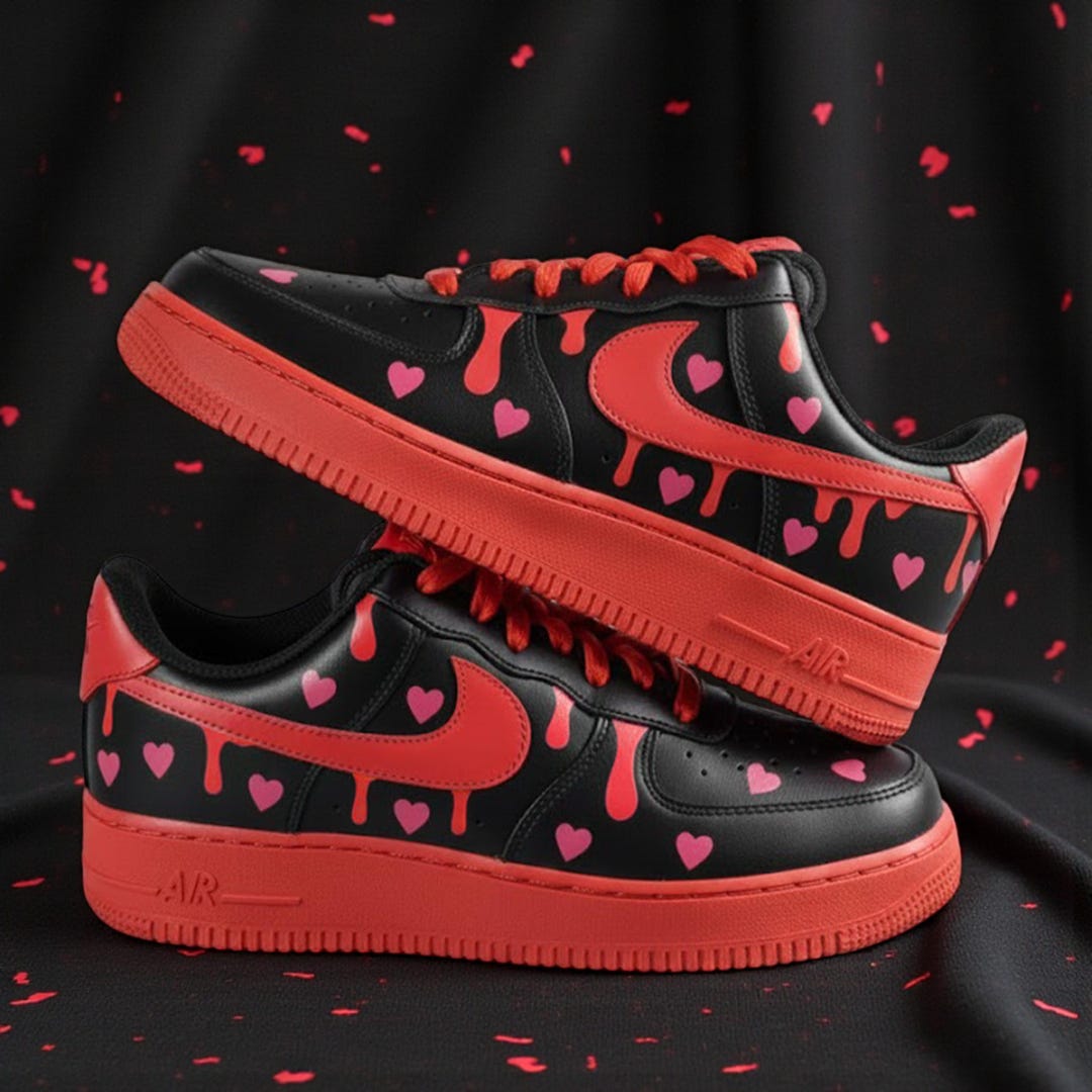 Custom Valentine AF1 Sneakers, Black Red Heart AF1 Style Shoes With ...