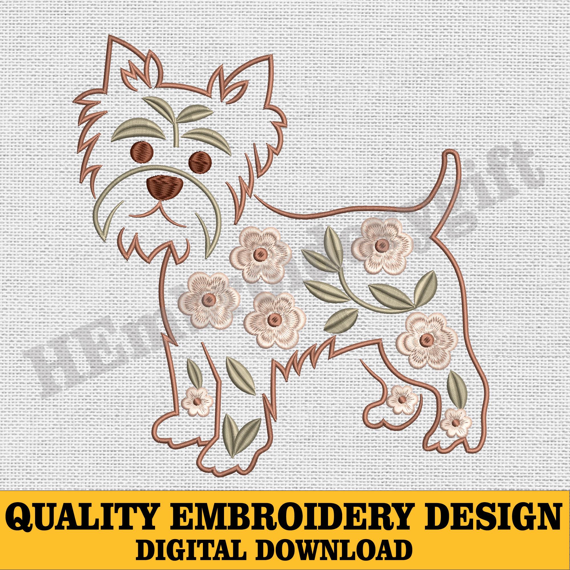 Floral Yorkie Embroidery Design, Cute Terrier Dog Stitch File, Floral ...