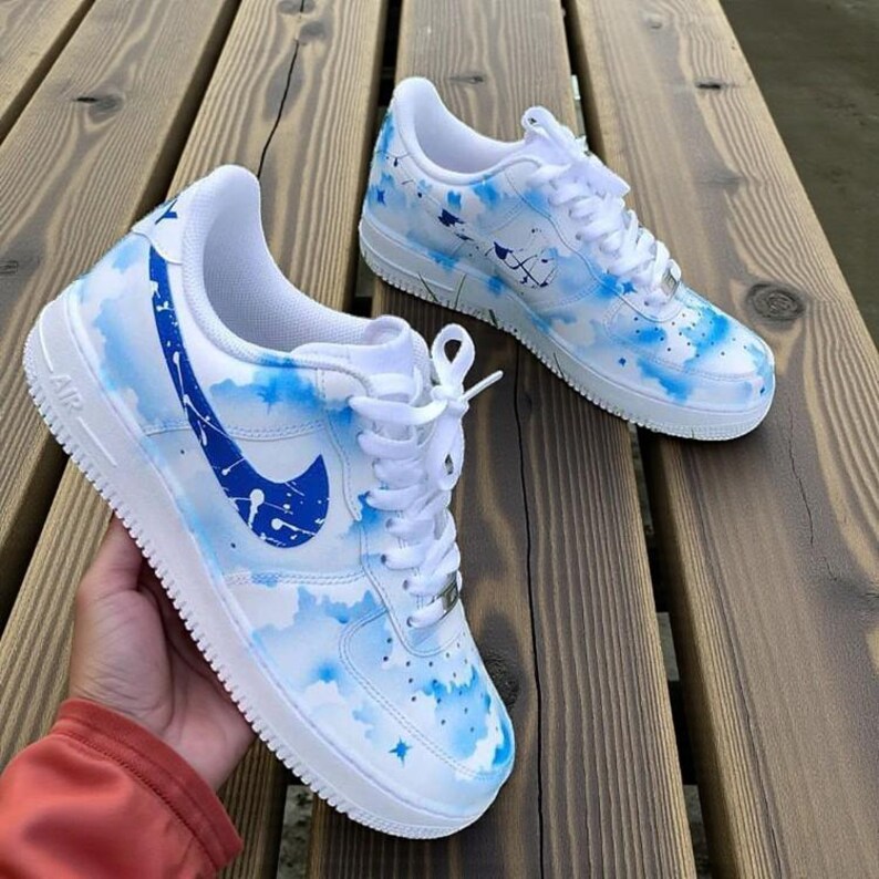 Sky Blue Custom Af1 Sneakers, Cloud Pattern Painted Shoes, Trendy ...