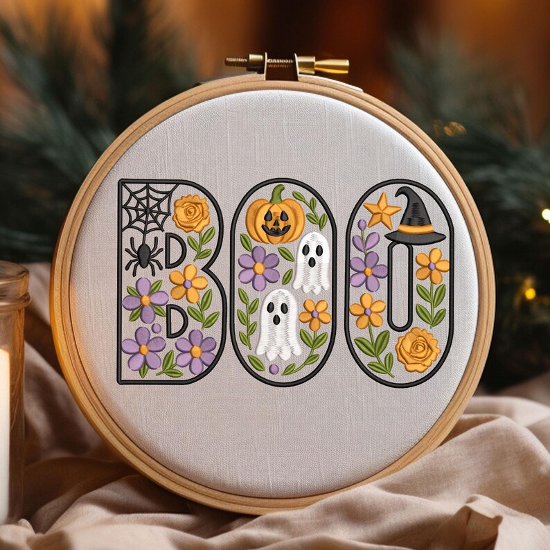 Floral Halloween BOO Embroidery Design, Halloween Embroidery Design ...