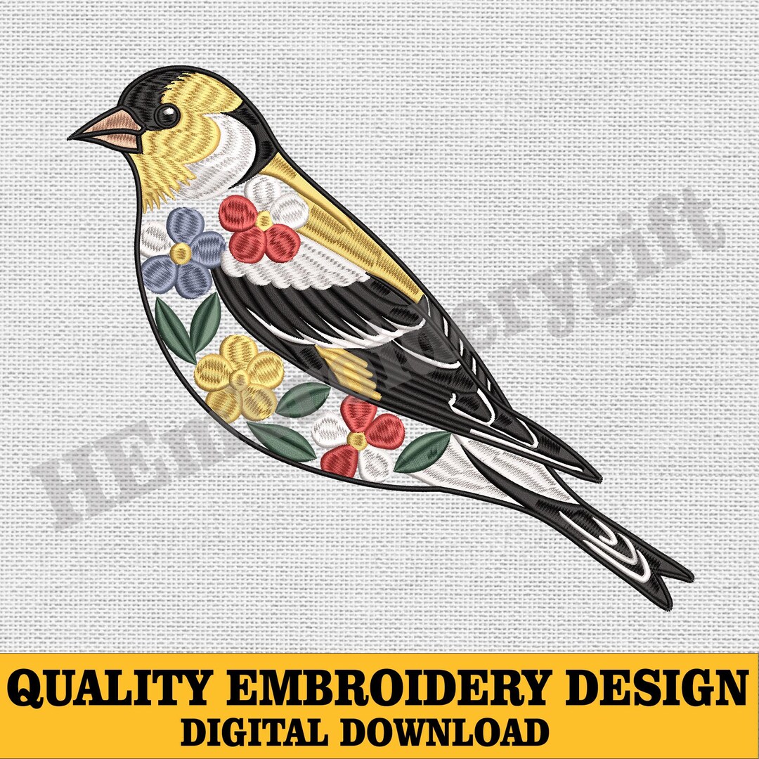 Floral Goldfinch Embroidery Design, American Goldfinch Bird Embroidery ...