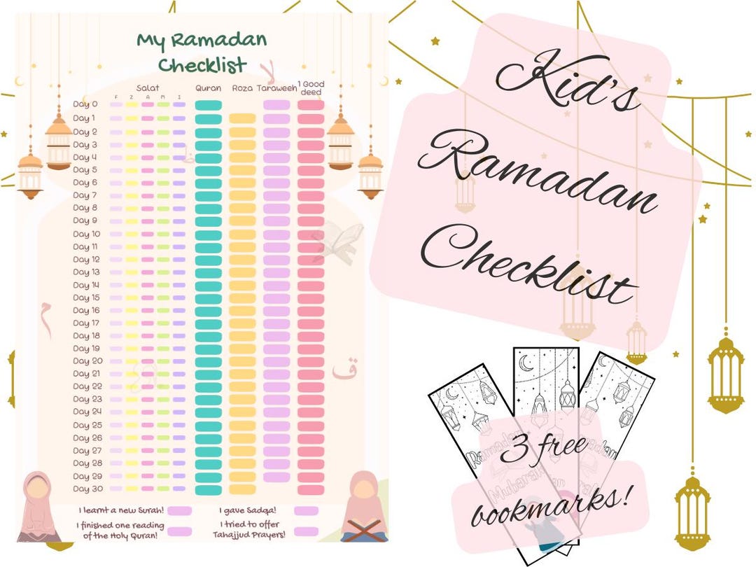 Kid’s Ramadan Checklist + 3 Free Printable Bookmarks, Instant Download ...