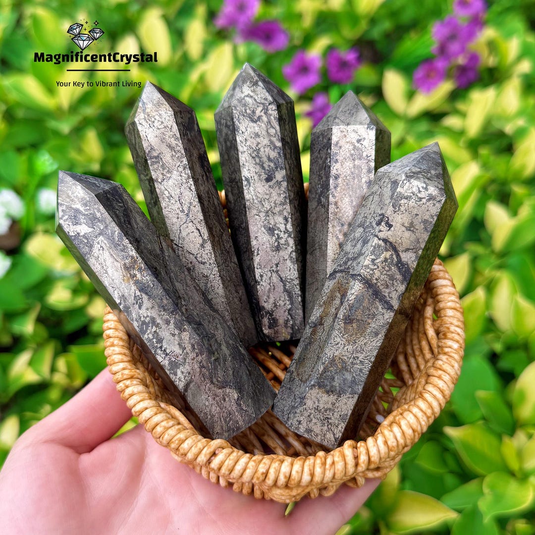 Metallic Pyrite Tower, Crystal Point Obelisk, Grounding Stone for Home ...