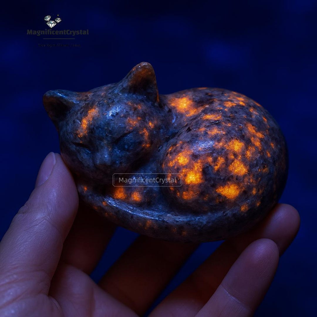 Yooperlite Flame Cat Sculpture, Fluorescent Sodalite Crystal Carving ...