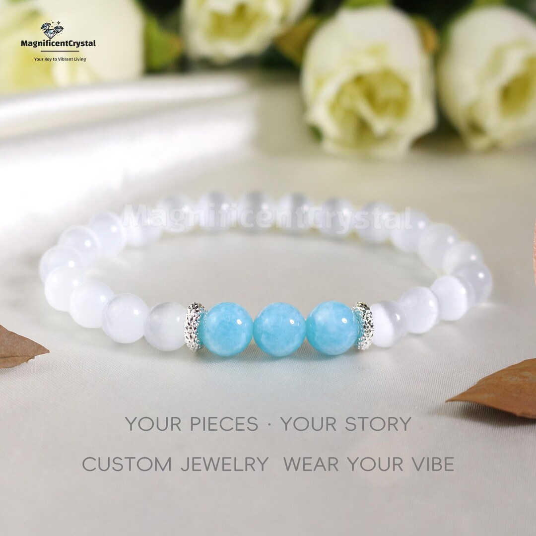 Aquamarine Selenite Bracelet Healing Crystals Jewelry For