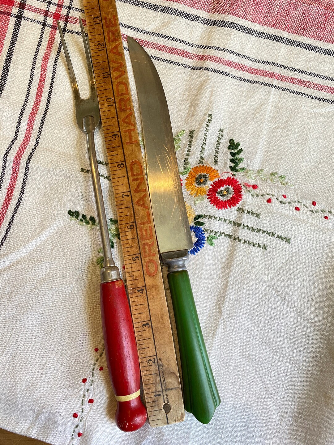 Vintage MCM Serving Fork Knife Green Bakelite Red White Stripe - Etsy