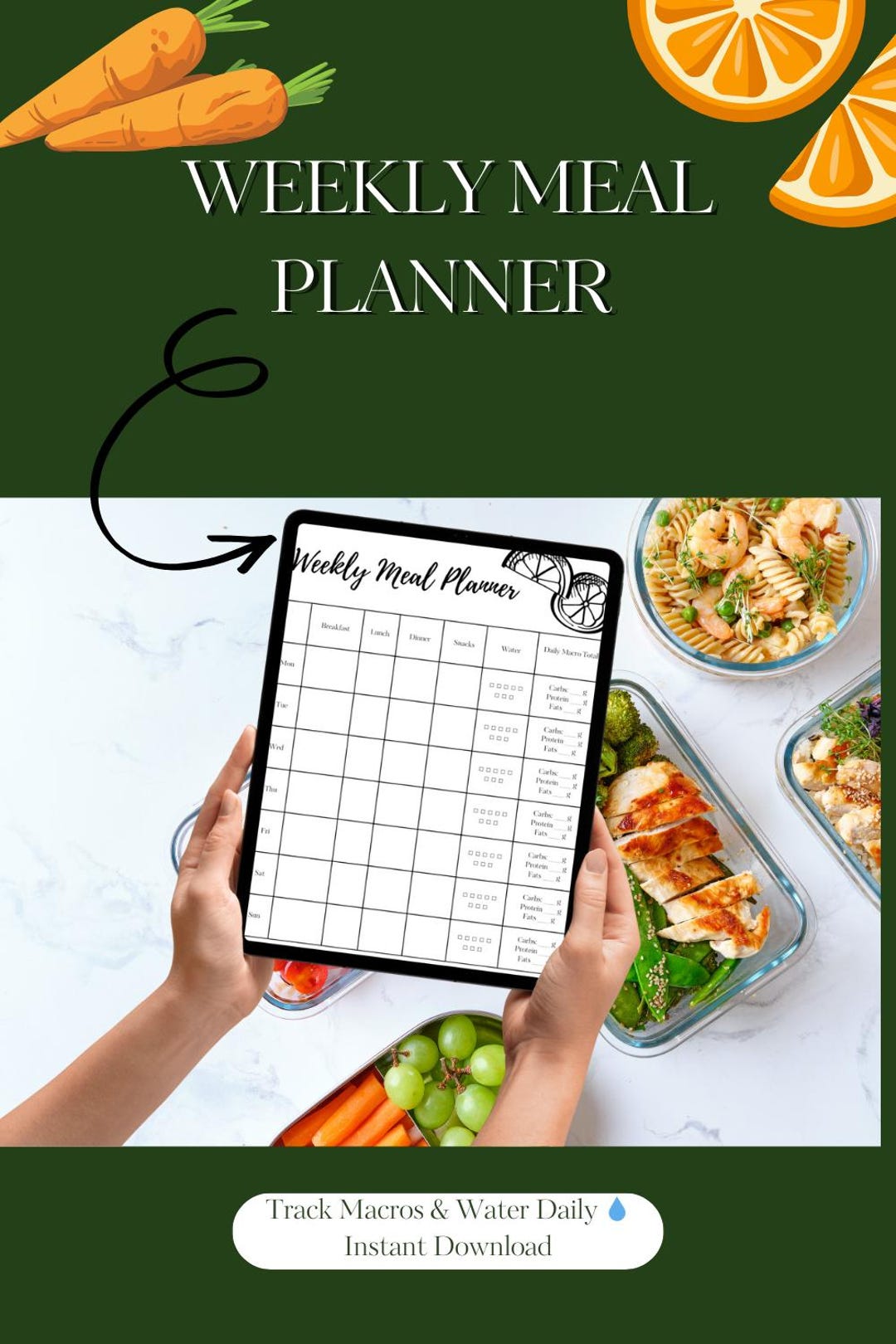 Printable Meal Planner | Macro and Water Tracker | Weekly Food Log ...