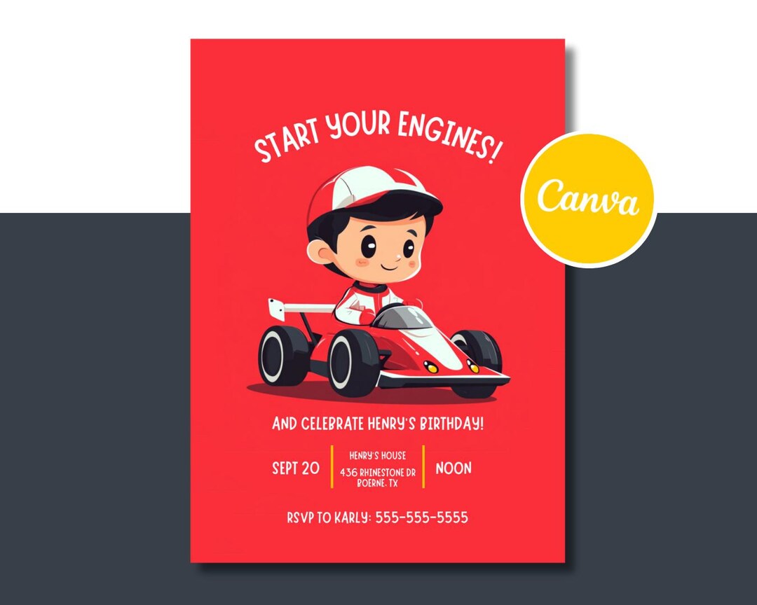 Racecar Birthday Invitation: Red Car Party, 5x7 Editable Canva Template ...