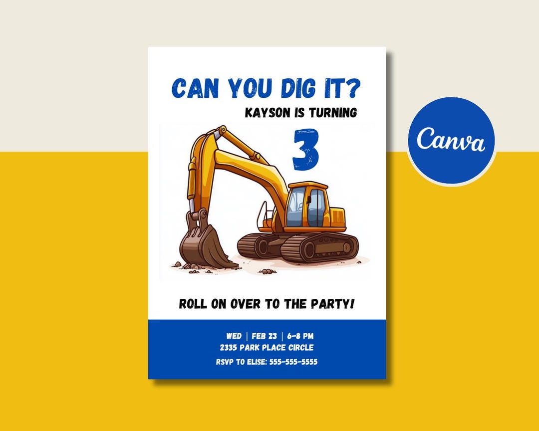 Excavator Birthday Invitation: Construction Truck Party, Canva Template ...