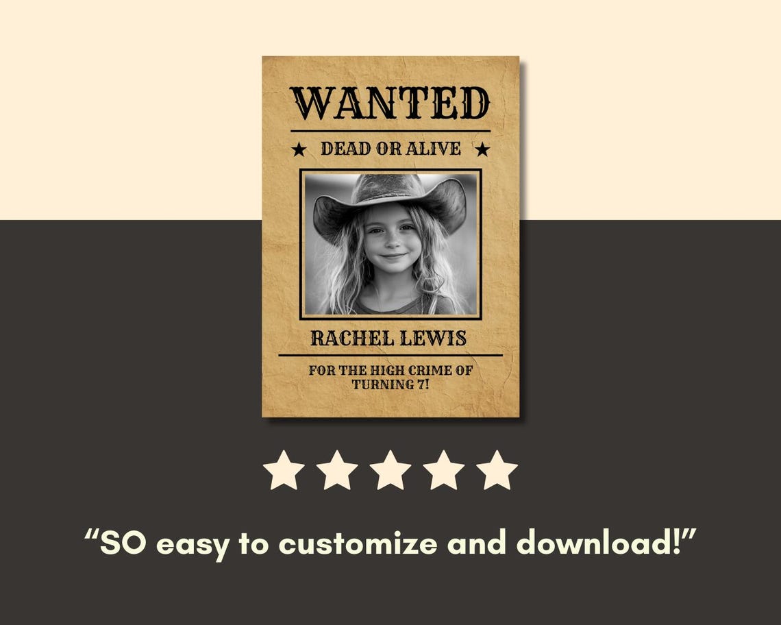 Western Wanted Poster Birthday Invitation, Editable Canva Template ...