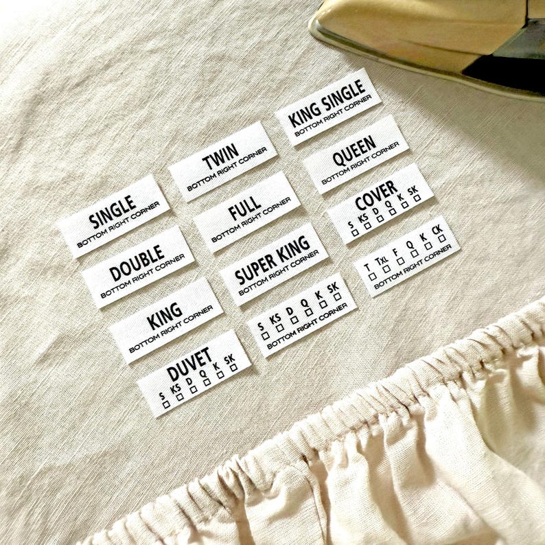 KING SINGLE Size + Position Bed Sheet Labels (set of 4). Cotton Iron-on ...