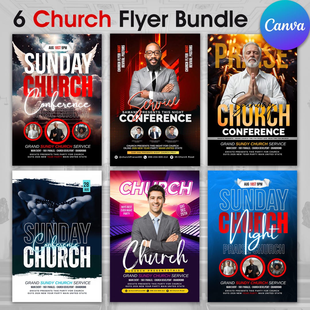 6 Church Flyer Pack, Church Revival, Canva File, Multiuse Church Bundle ...
