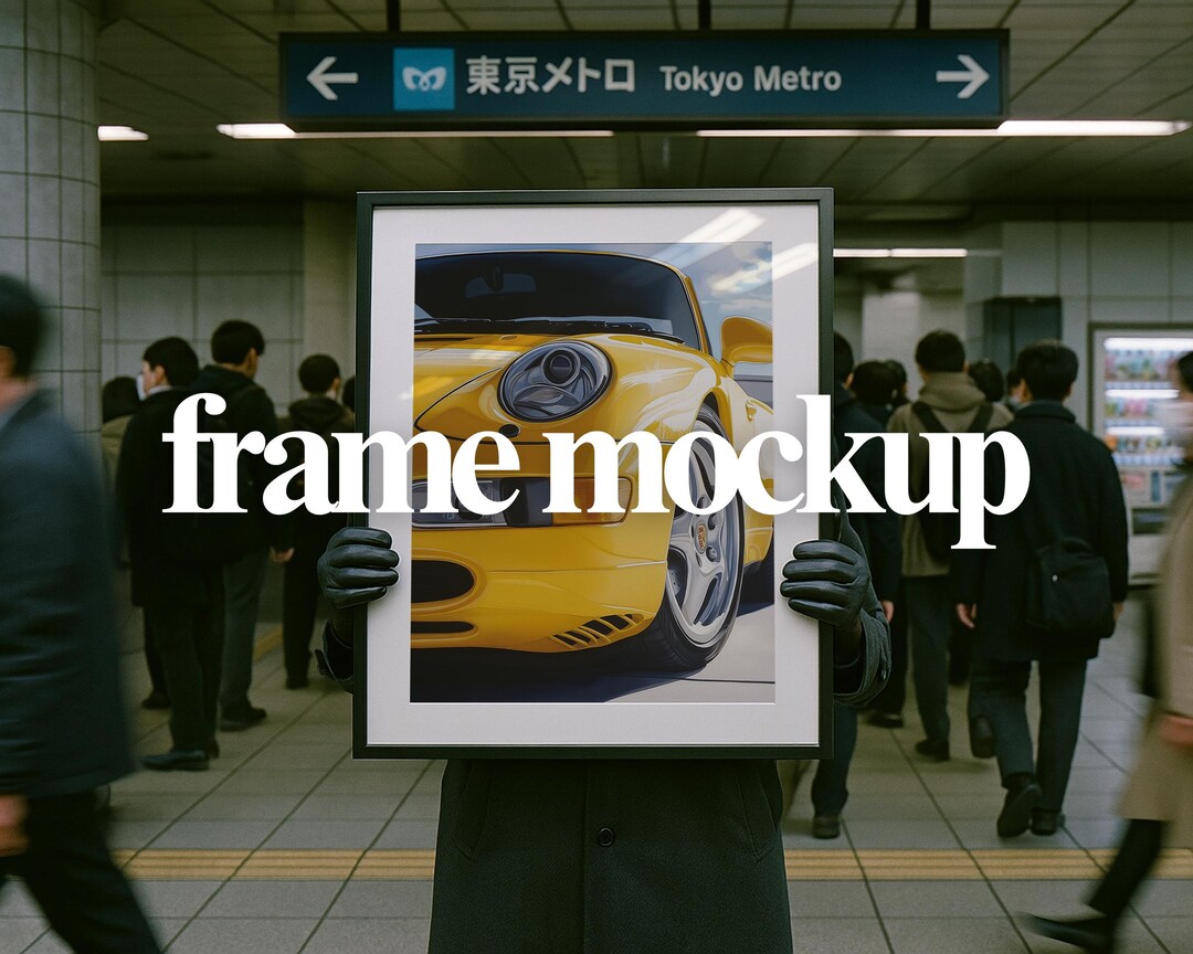 Wall Art Mockup – PSD Frame Template Held in Busy Tokyo Metro Station ...