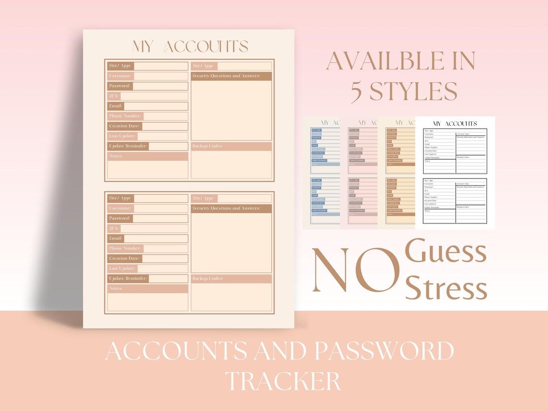 Accounts and Passwords Tracker, Printable Account Log, Password Tracker ...