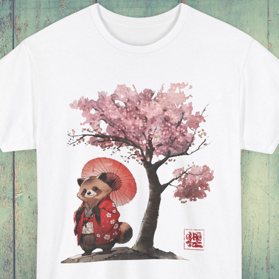 A Kimono-clad Tanuki Waiting Under the Sakura Tree T-shirt, Cherry ...