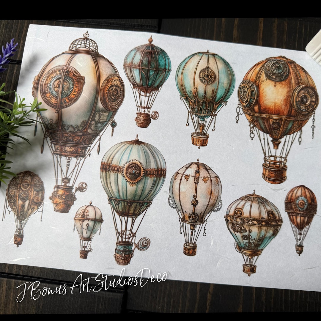 Steampunk Decoupage Paper, Hot Air Balloon A4 Rice Paper for Small ...
