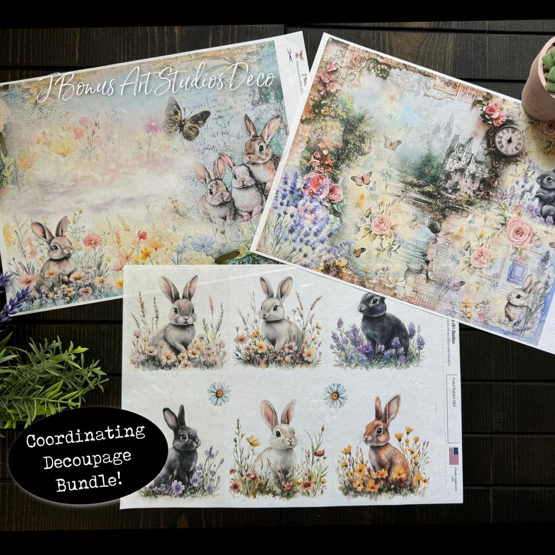Bunny Decoupage Bundle of 3 Size A4 Rice Paper, Small DIY Craft Project ...