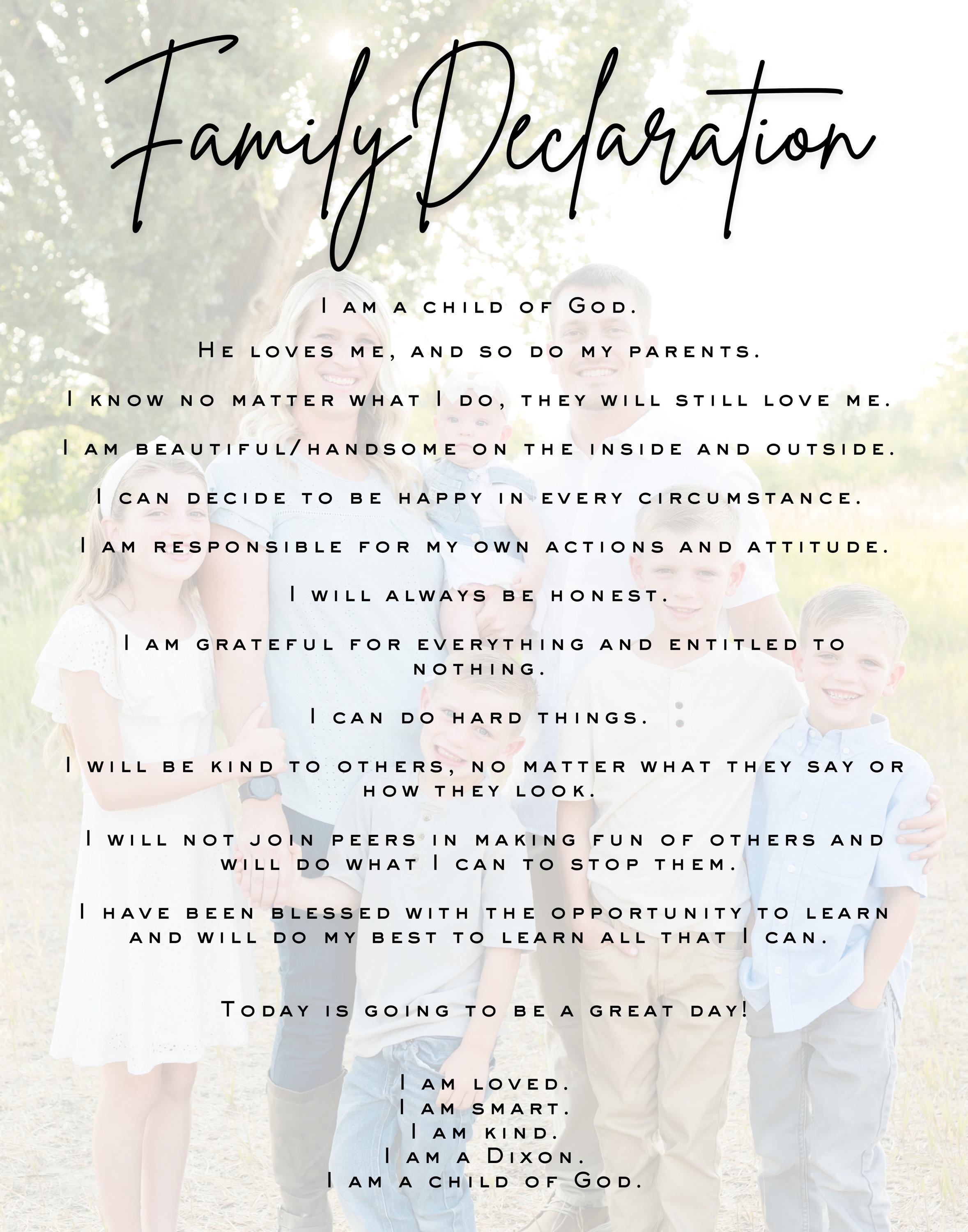Customizable Family Declaration for Family Values & Motto ...