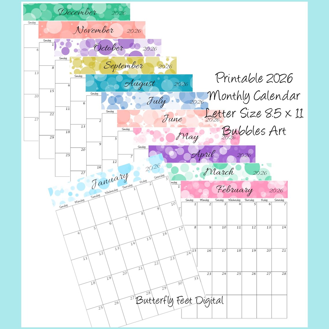 2026 Printable Calendar Letter Size Monthly Portrait View Bubbles ...